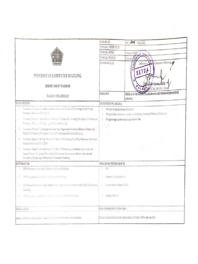 28 Sop Penilaian Mandiri Pelaksanaan Reformasi Birokrasi PMPRB | PDF