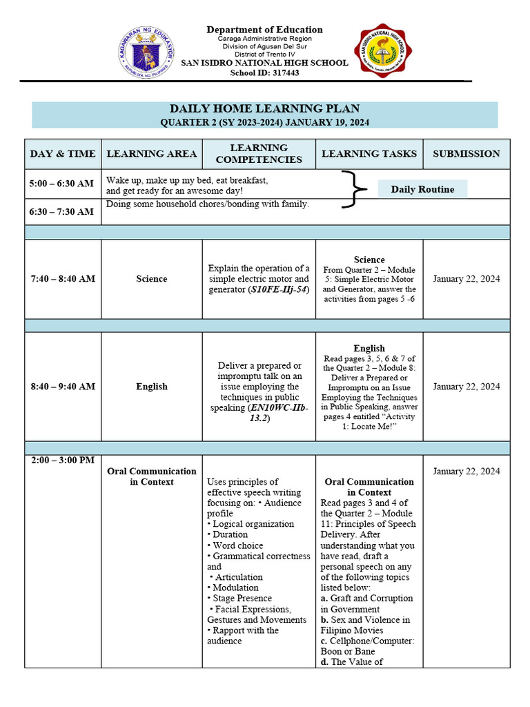 Daily Home Learning Plan | PDF | Cognition | Cognitive Science