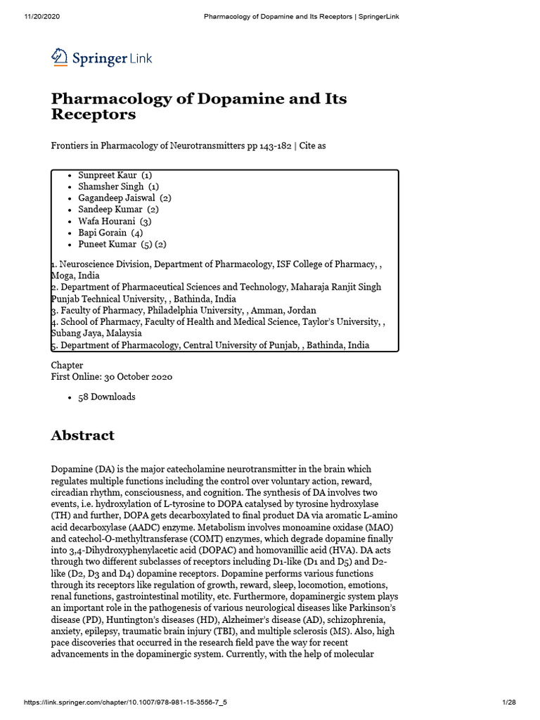 Pharmacology of Dopamine and Its Receptors - Springer 1 | PDF | Dopamine