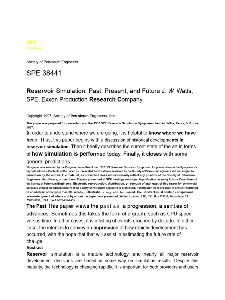 SPE38441 RESERVOIR SIMULATION, Present Past | PDF | Simulation ...
