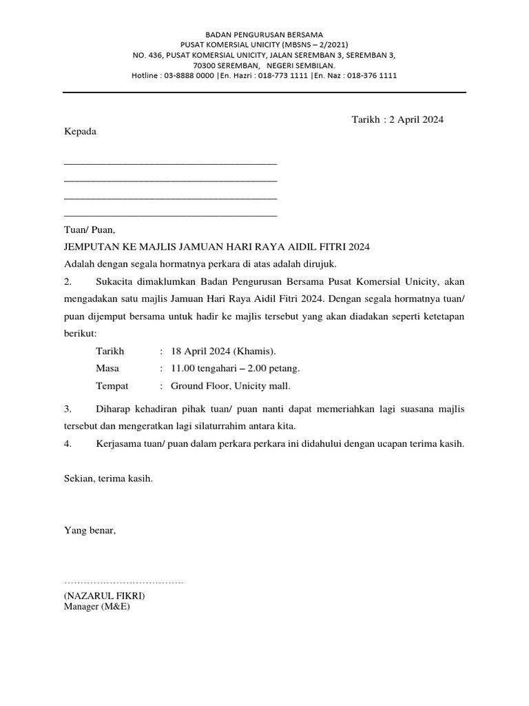 Surat Jemputan Majlis Jamuan Hari Raya | PDF