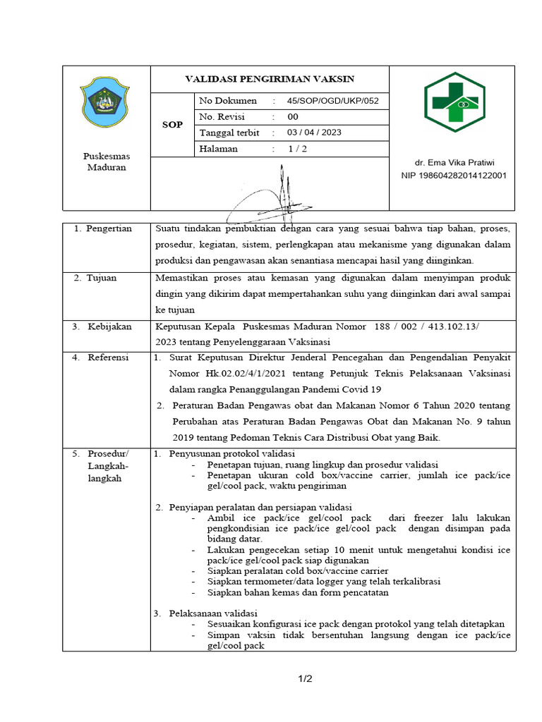 SOP Validasi Pengiriman Vaksin | PDF