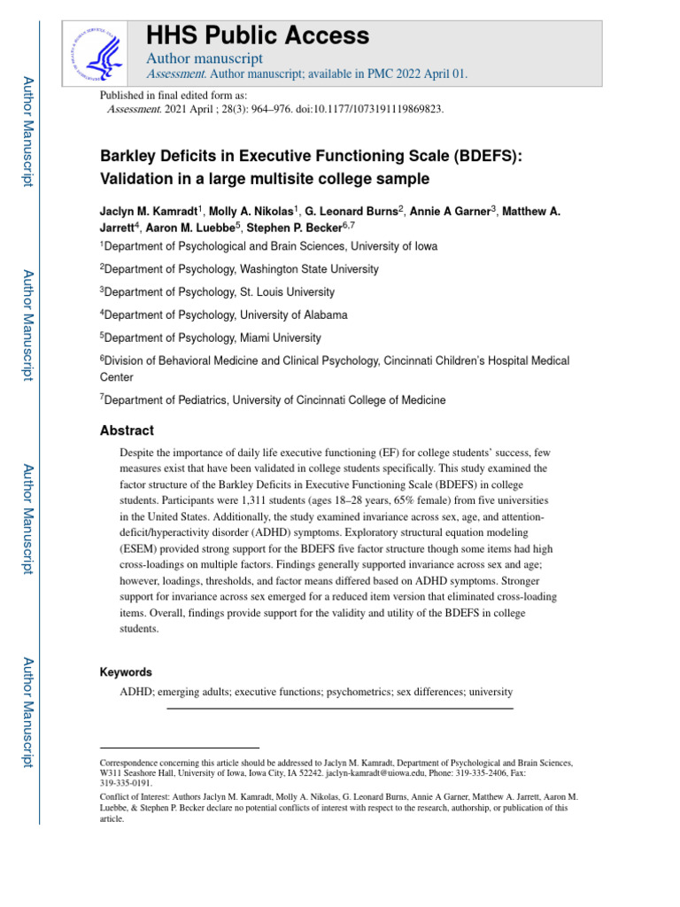 Barkley Deficits in Executive Functioning Scale (BDEFS) Validation in A ...