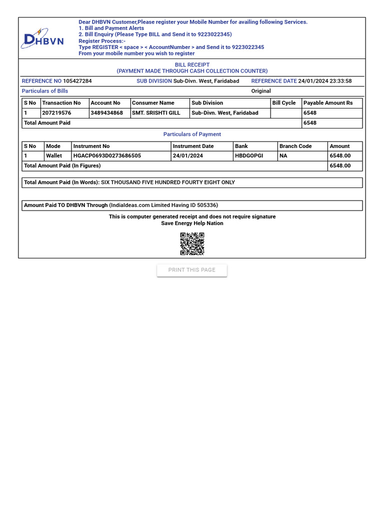 DHBVN Payment Receipt - 24.01.2024 | PDF