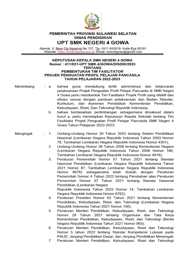 SK Projek Penguatan Profil Pelajar Pancasila | PDF