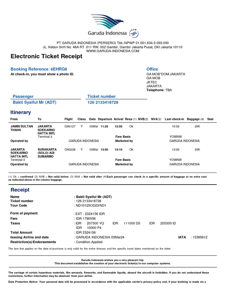 Garuda Indonesia Electronic Ticket Receipt | PDF