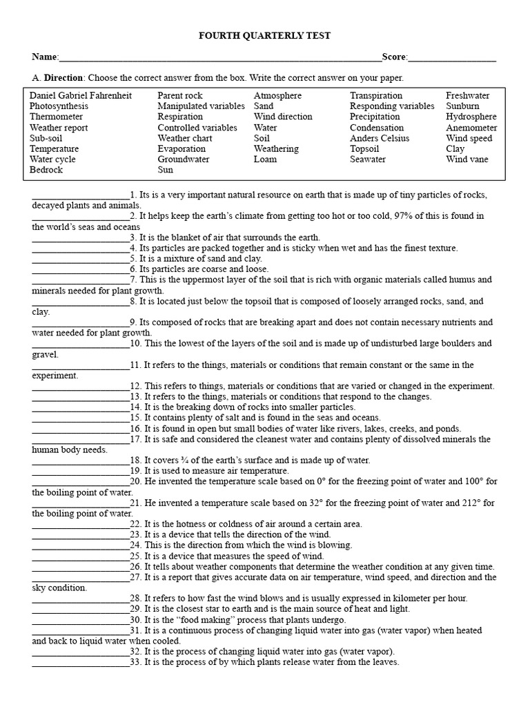 4th Quarter Test SCIENCE 4 No TOS | PDF | Water | Soil