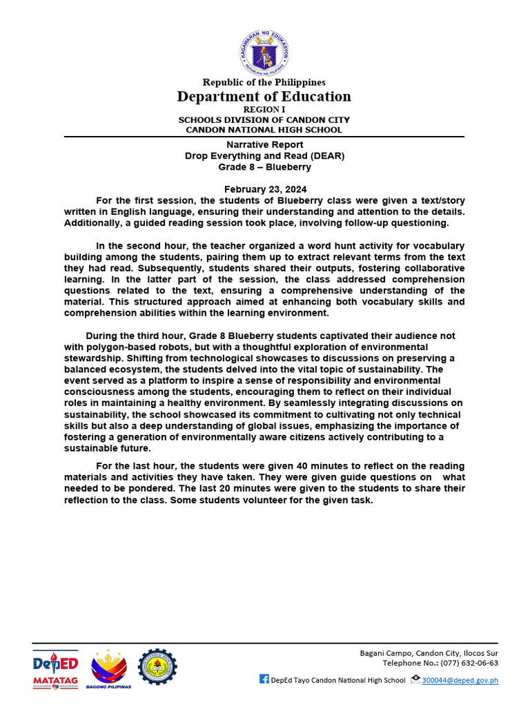 g8 Narrative Report Dear | PDF | Sustainability | Reading Comprehension