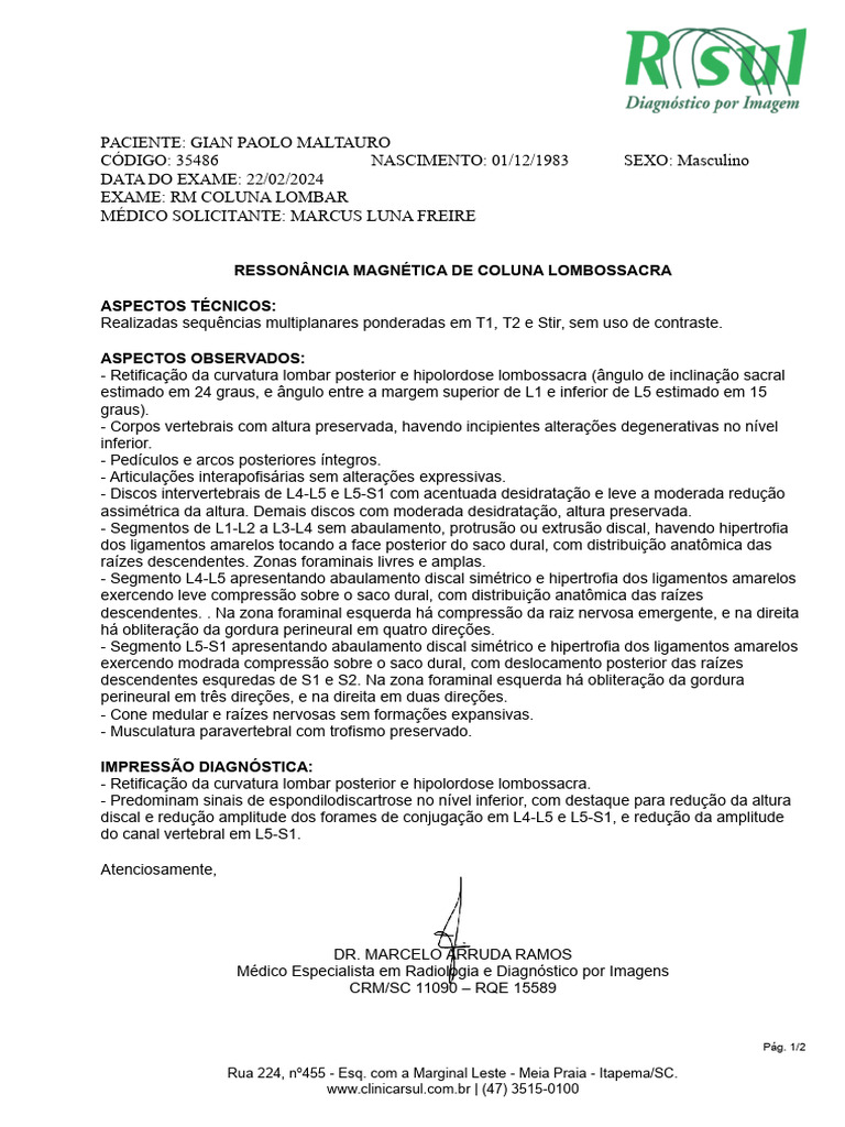 Laudo | PDF | Coluna vertebral | Anatomia humana