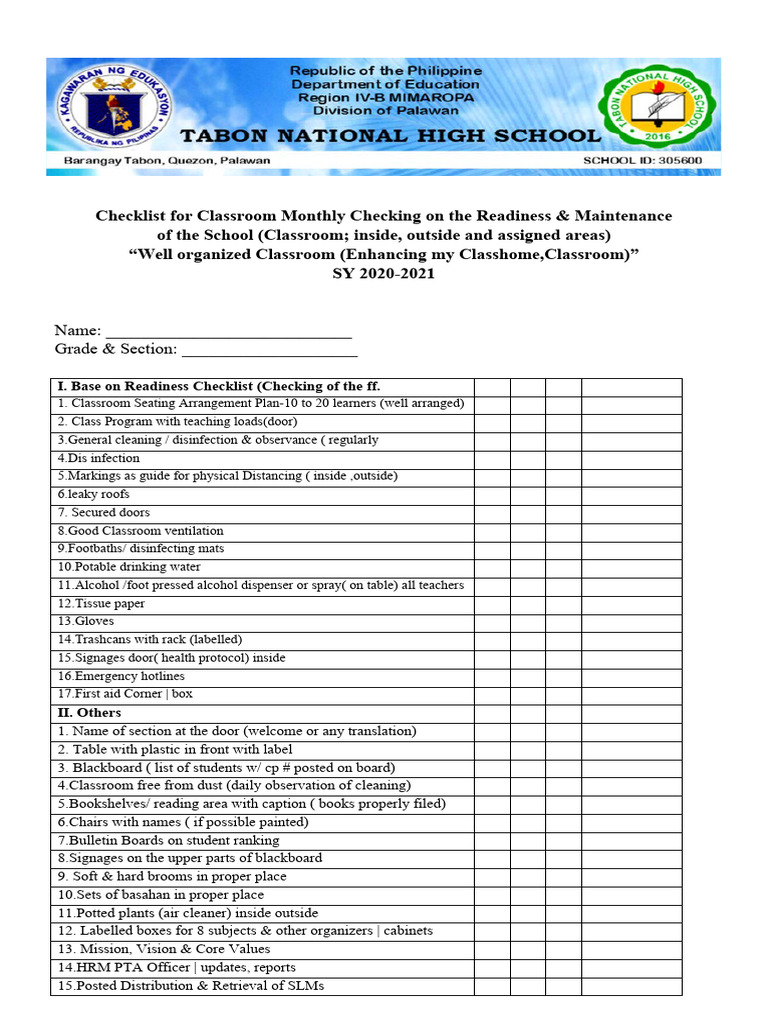 Checklist For Classroom Monthly Checking On The Readiness 2023 | PDF ...