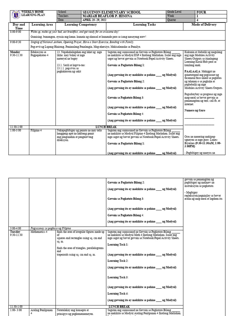 WHLP Grade 4 Q4 Week 1 | PDF