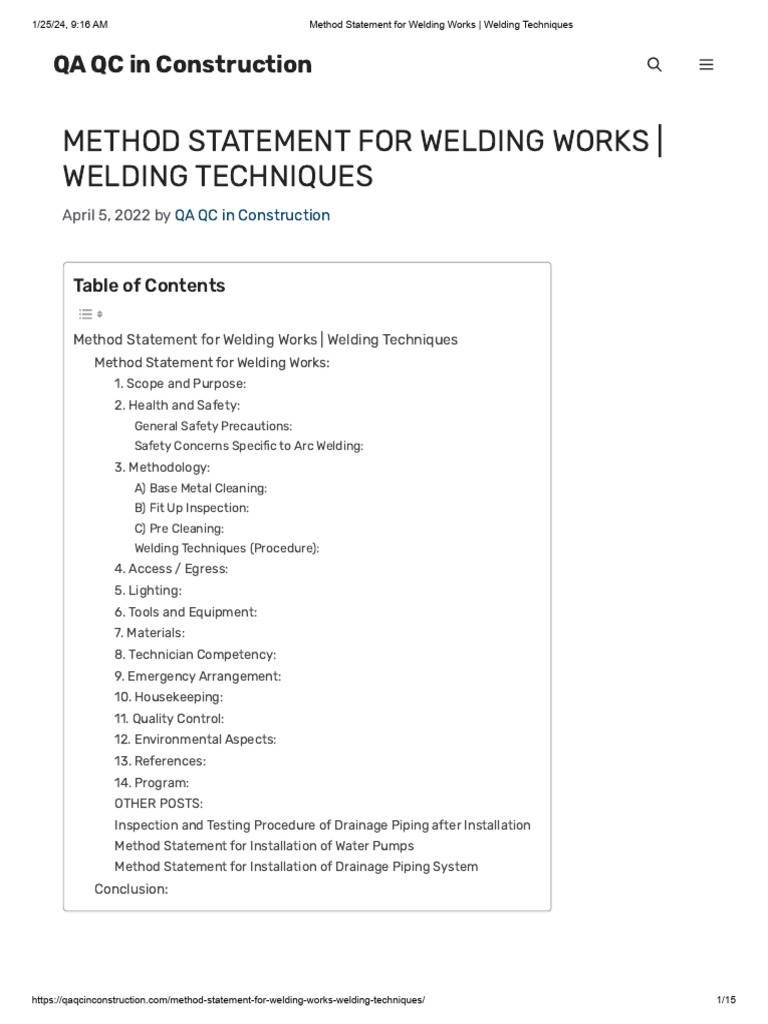 Welding Works Method Statement Guide | PDF | Welding | Construction