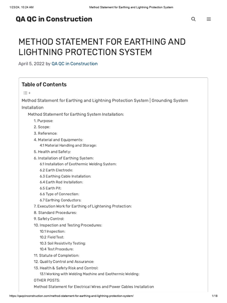 Method Statement For Earthing and Lightning Protection System | PDF ...