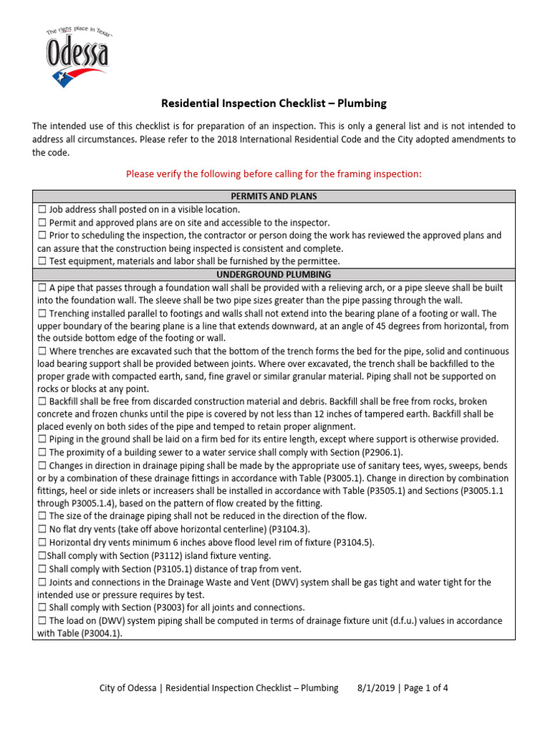 Residential Plumbing Inspection Checklist PDF | PDF | Plumbing | Water ...