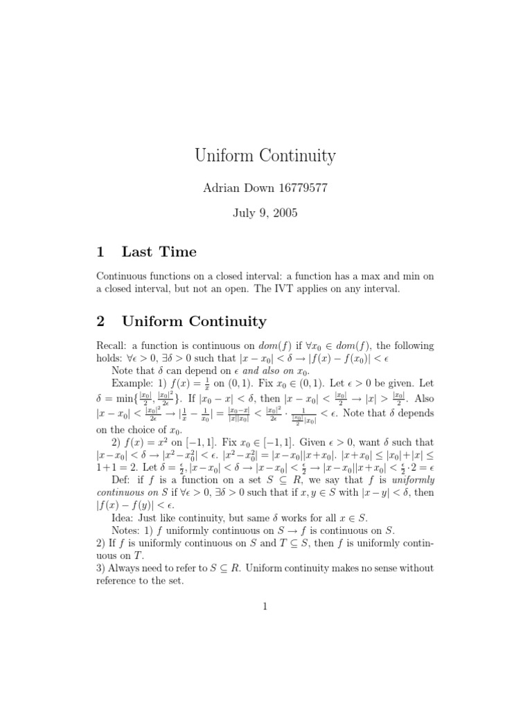 Uniform Continuity: 1 Last Time | PDF | Continuous Function ...