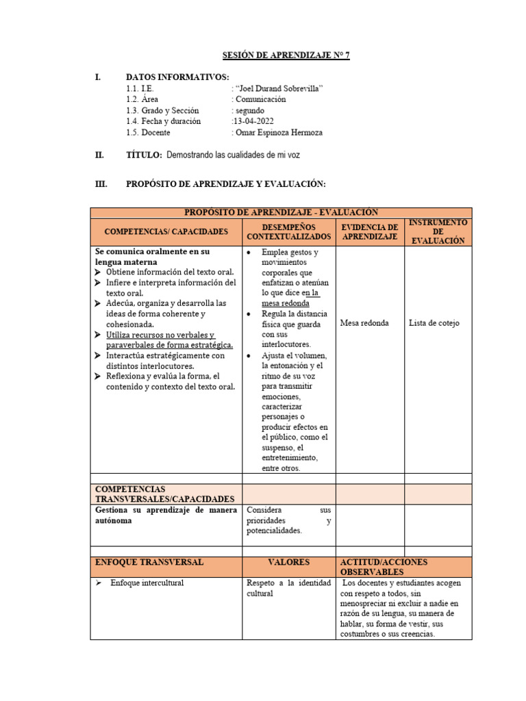 Sesión de Aprendizaje N°7 | Descargar gratis PDF | Aprendizaje | Evaluación
