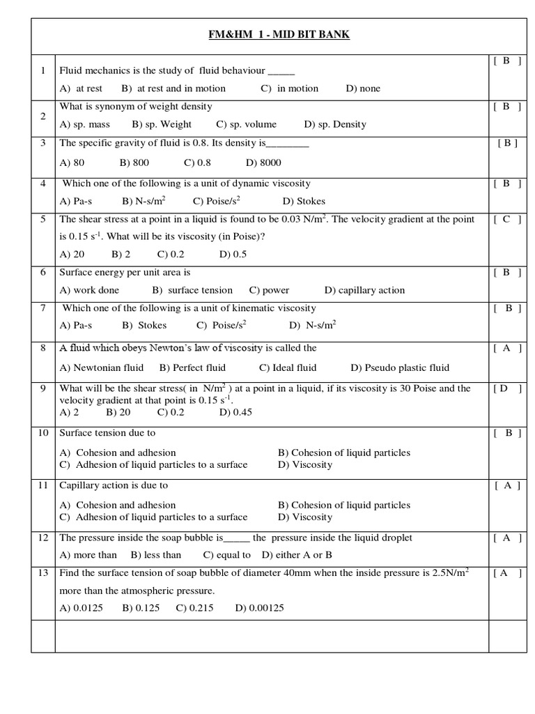FM & HM I Mid Bit Bank - 2024 | PDF | Fluid Dynamics | Pressure