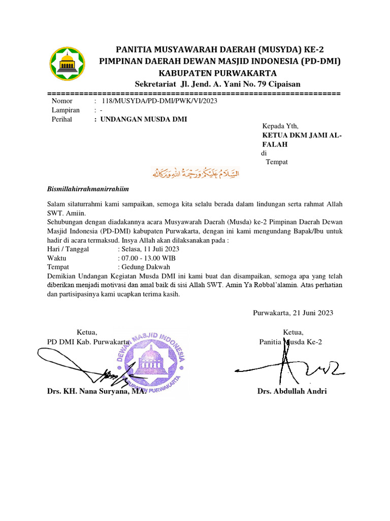 Undangan Musda DMI Purwakarta 2023 | PDF
