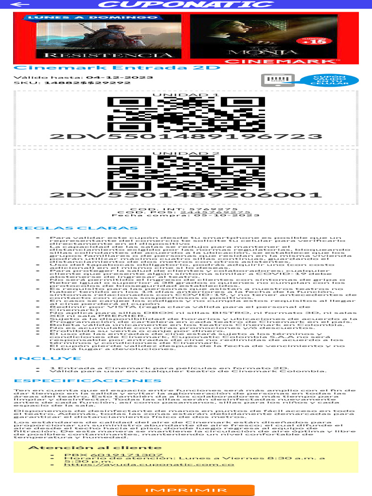 Entrada Cinemark 2D: Reglas y Uso | PDF