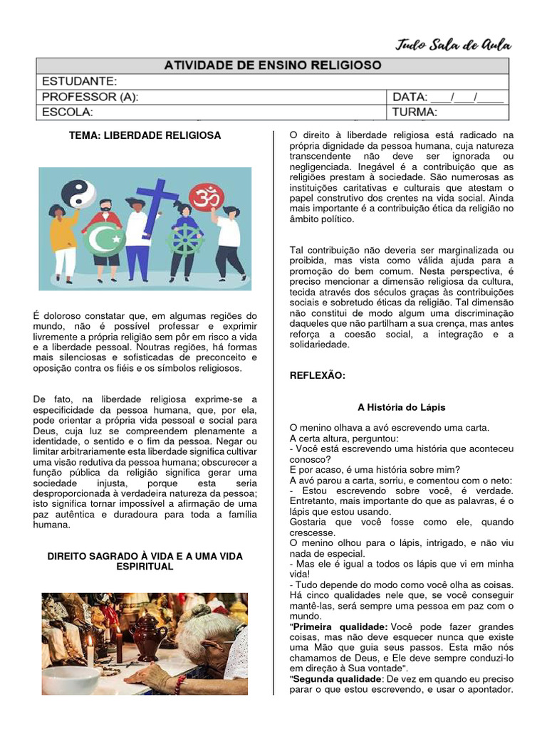 Liberdade Religiosa no Ensino Religioso 7º Ano | PDF | Liberdade ...