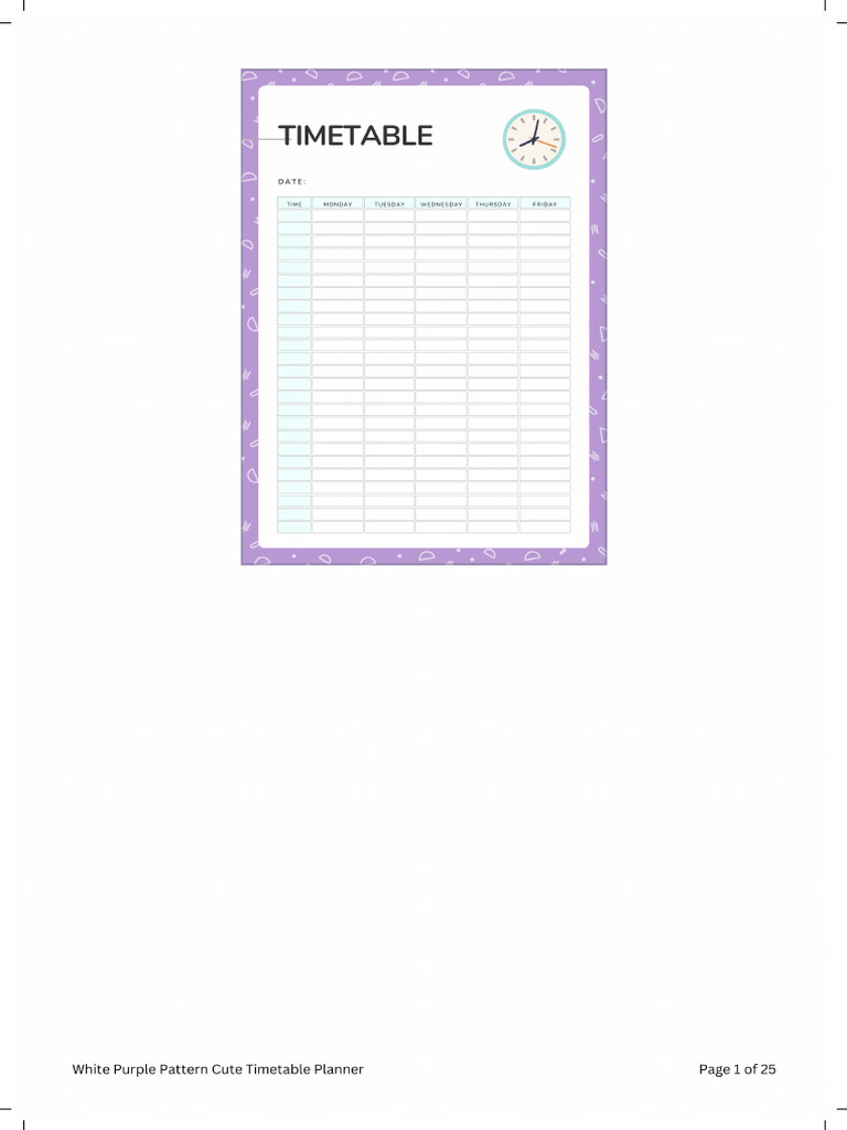 White Purple Pattern Cute Timetable Planner | PDF