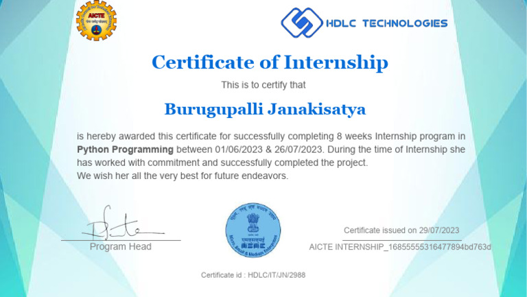 Internship Certificate in Python Programming | PDF
