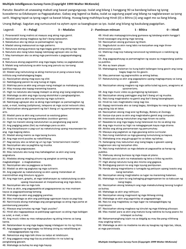 Multiple Intelligences Survey Form | PDF