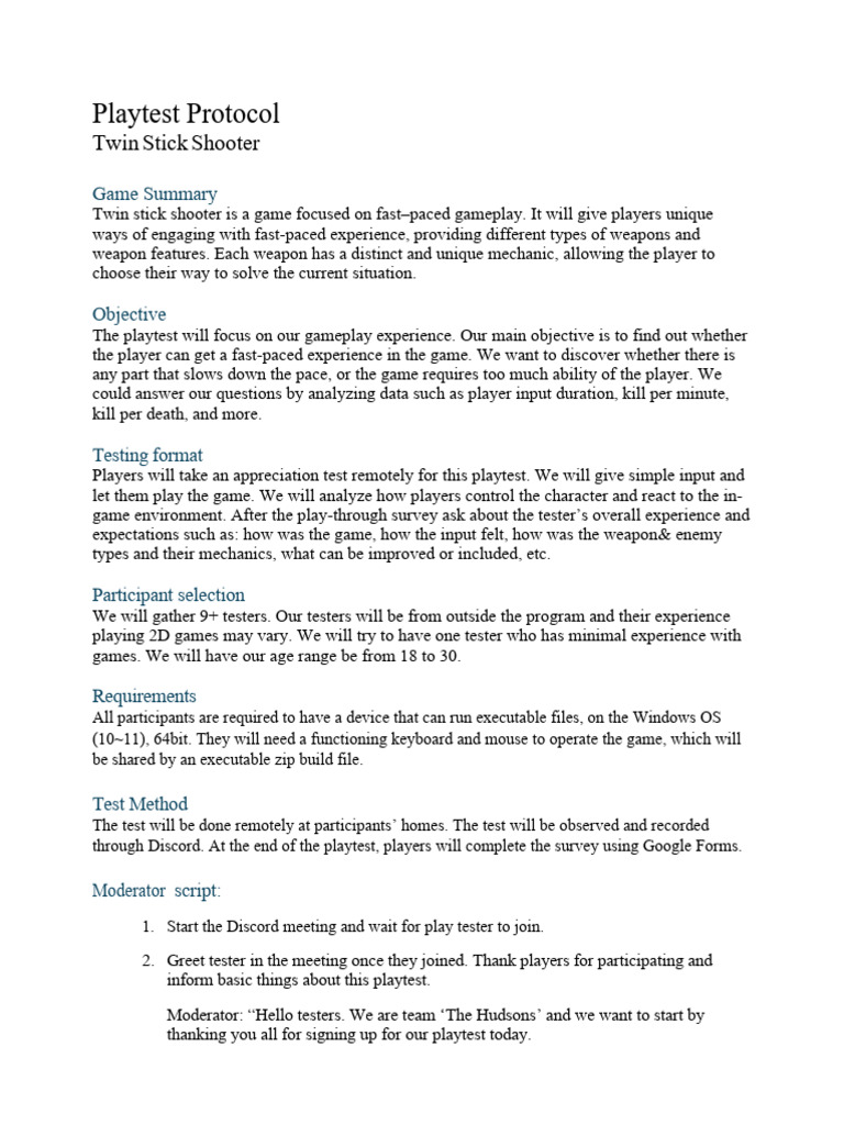 Playtest Protocol Pdf Software Testing Experience