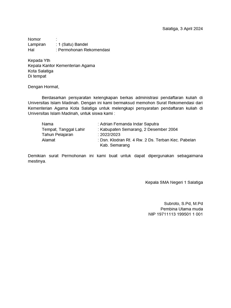 Permohonan Rekomendasi Adrian Indar | PDF