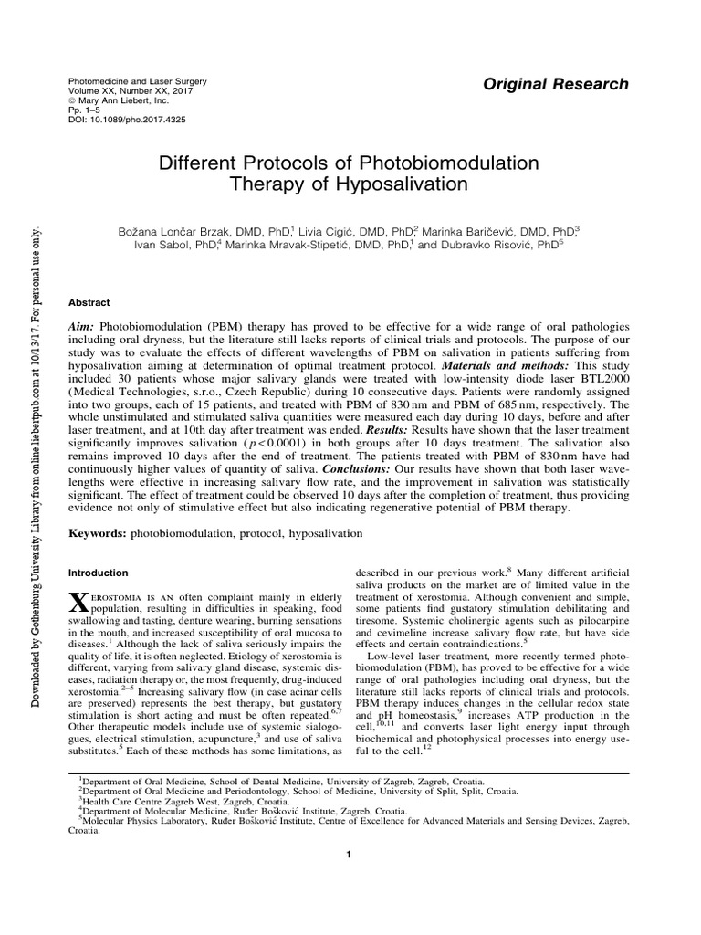 Different Protocols of Photobiomodulation Therapy of Hyposalivation ...