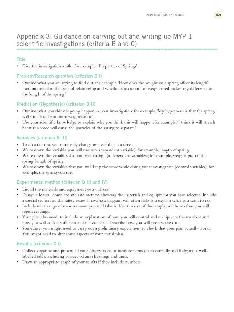 Appendix - Guidance On Carrying Out and Writing Up MYP 1 Scientific Investigations - Criteria B ...