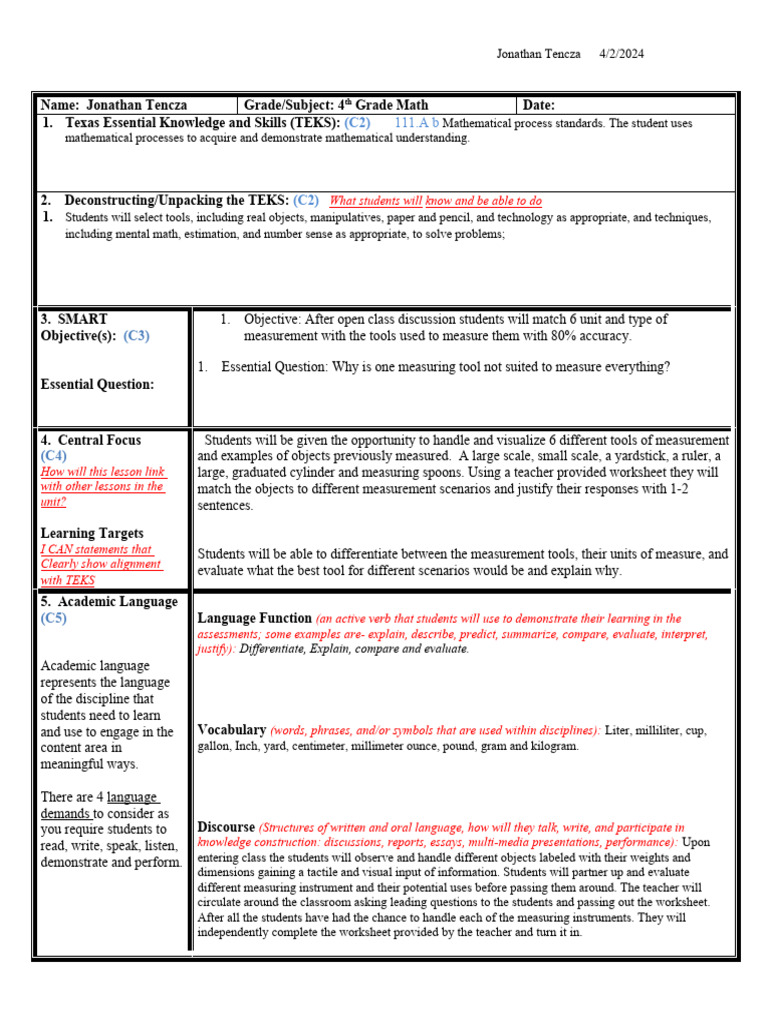 Edtpa Lesson Plan Guide LPG - 1 1 | PDF | Learning | Measurement