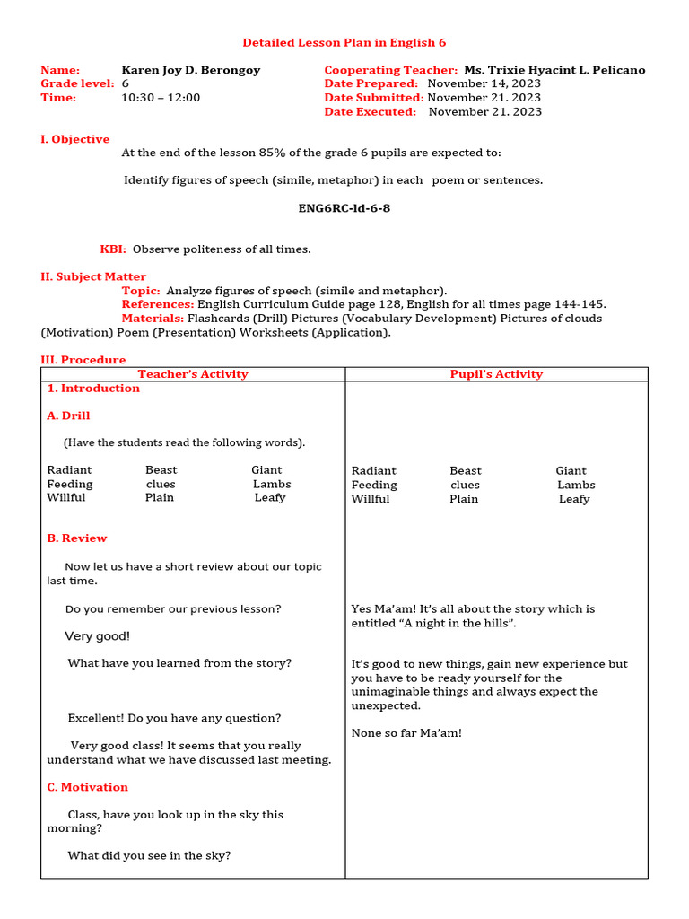 Grade 6 English Lesson Plan: Similes & Metaphors | PDF | Metaphor ...