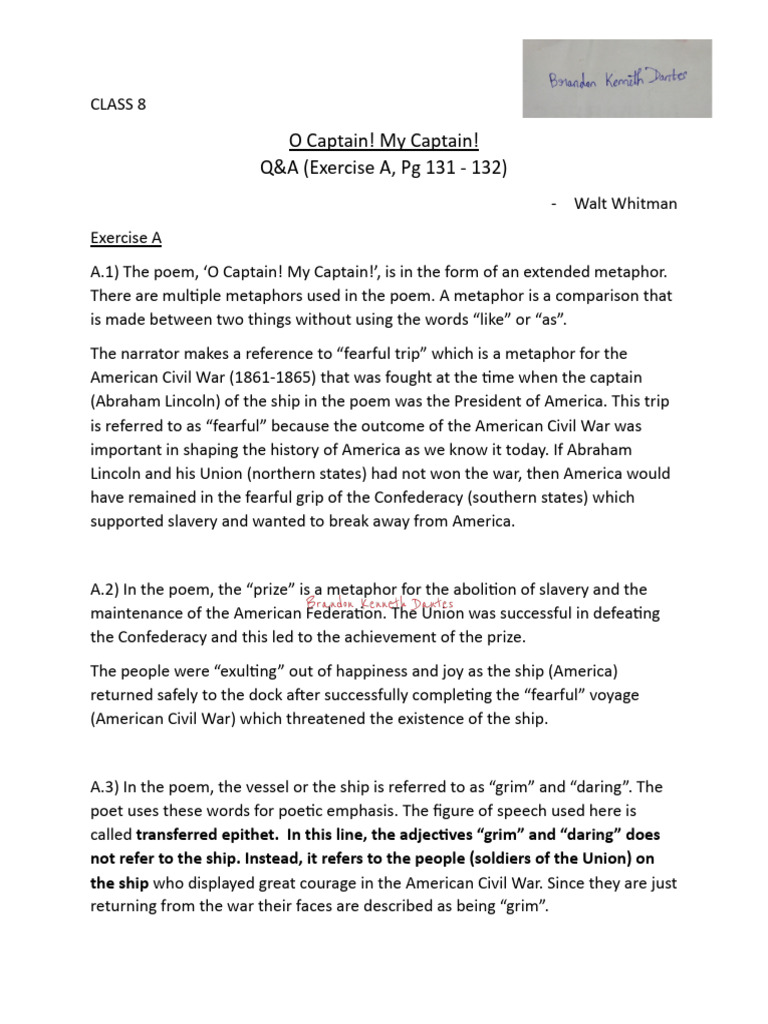 O Captain! My Captain! (Class 8) | PDF | American Civil War | Abraham ...