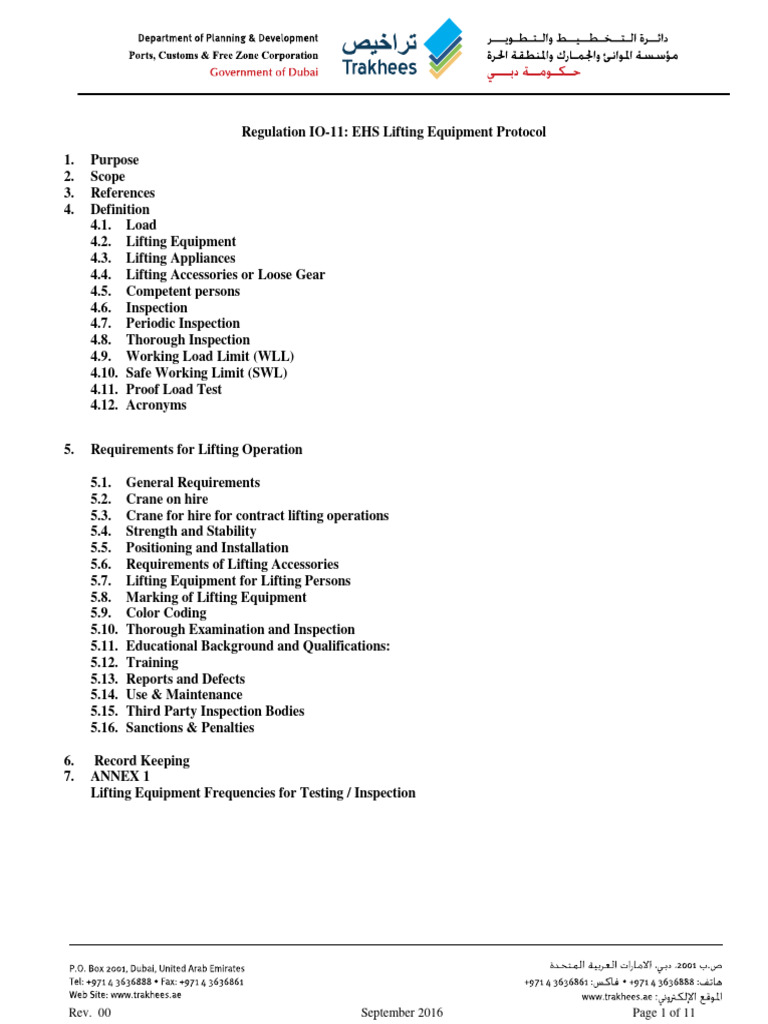 Regulation IO-11.0 Lifting Equipment Protocol Rev. 00, Sep16 | PDF | Crane (Machine) | Safety