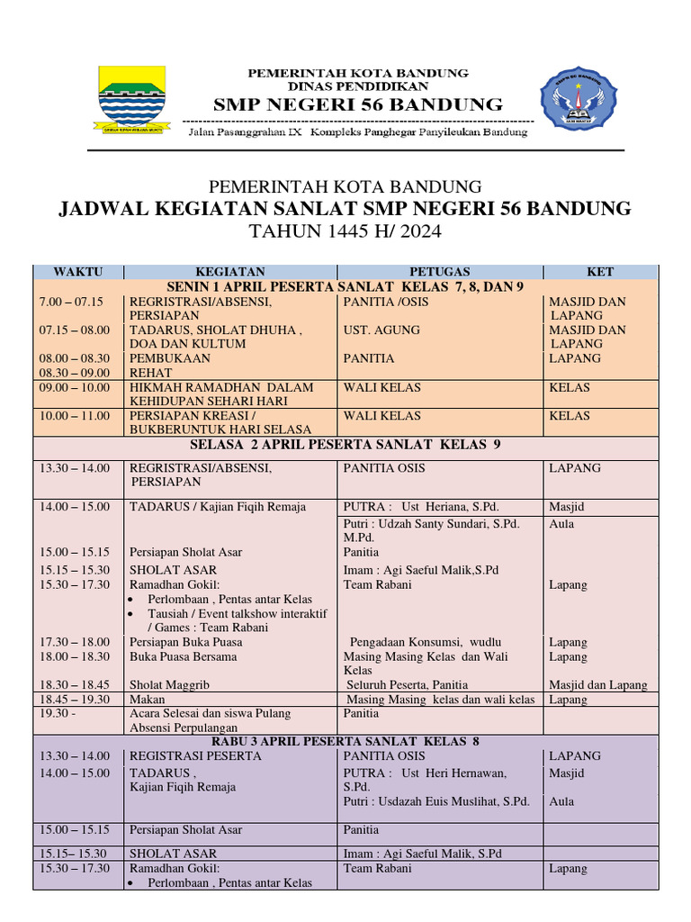 Jadwal Kegiatan Sanlat 2024 | PDF