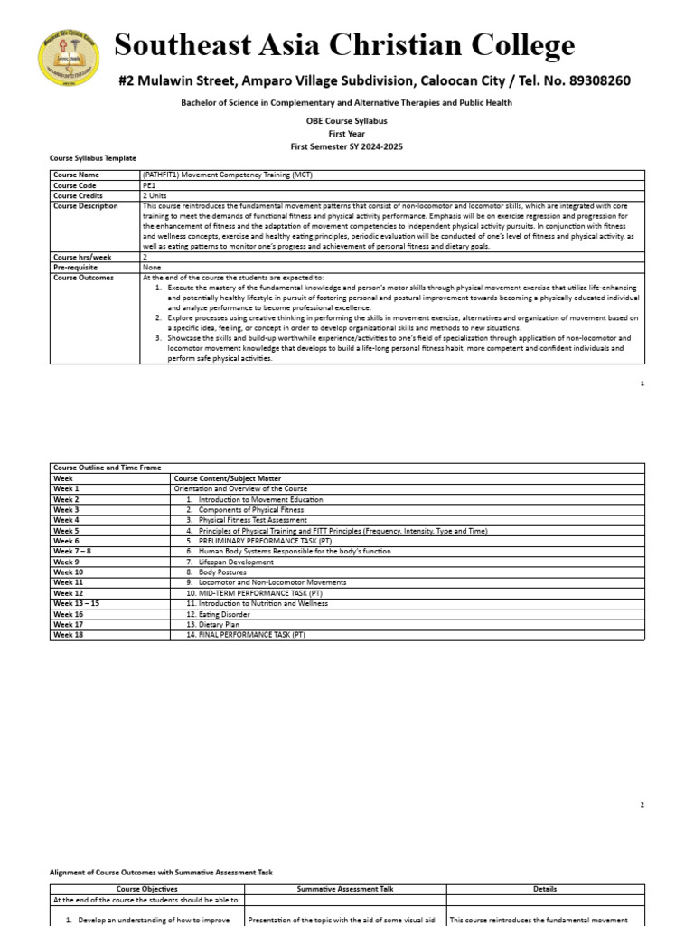 2024 - CS - BSCATPH - 1st Year - PE1 - (PATHFIT1) Movement Competency Training (MCT) | PDF ...