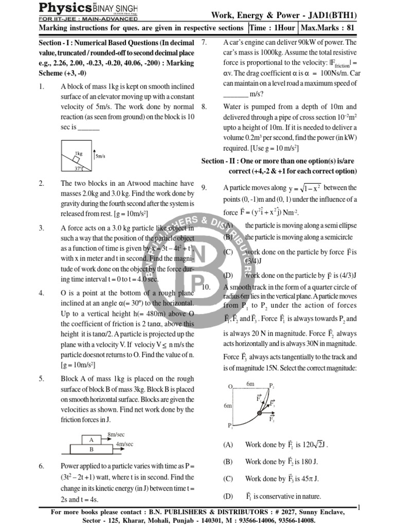 Work, Energy & Power - JAD1 (BTH1) | PDF | Force | Mass