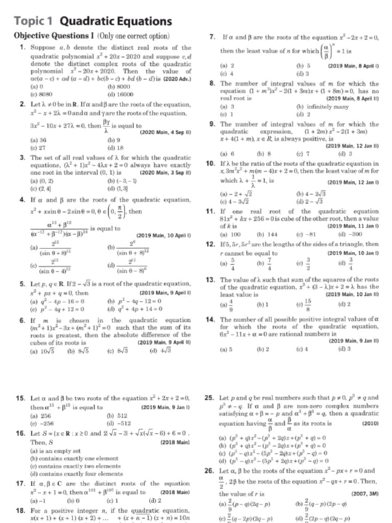 Quadratic Equations Objective Questions | PDF | Equations | Quadratic ...