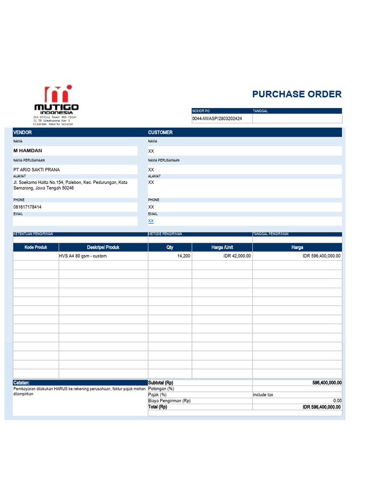 Contoh Format Purchase Order Excel 1 | PDF