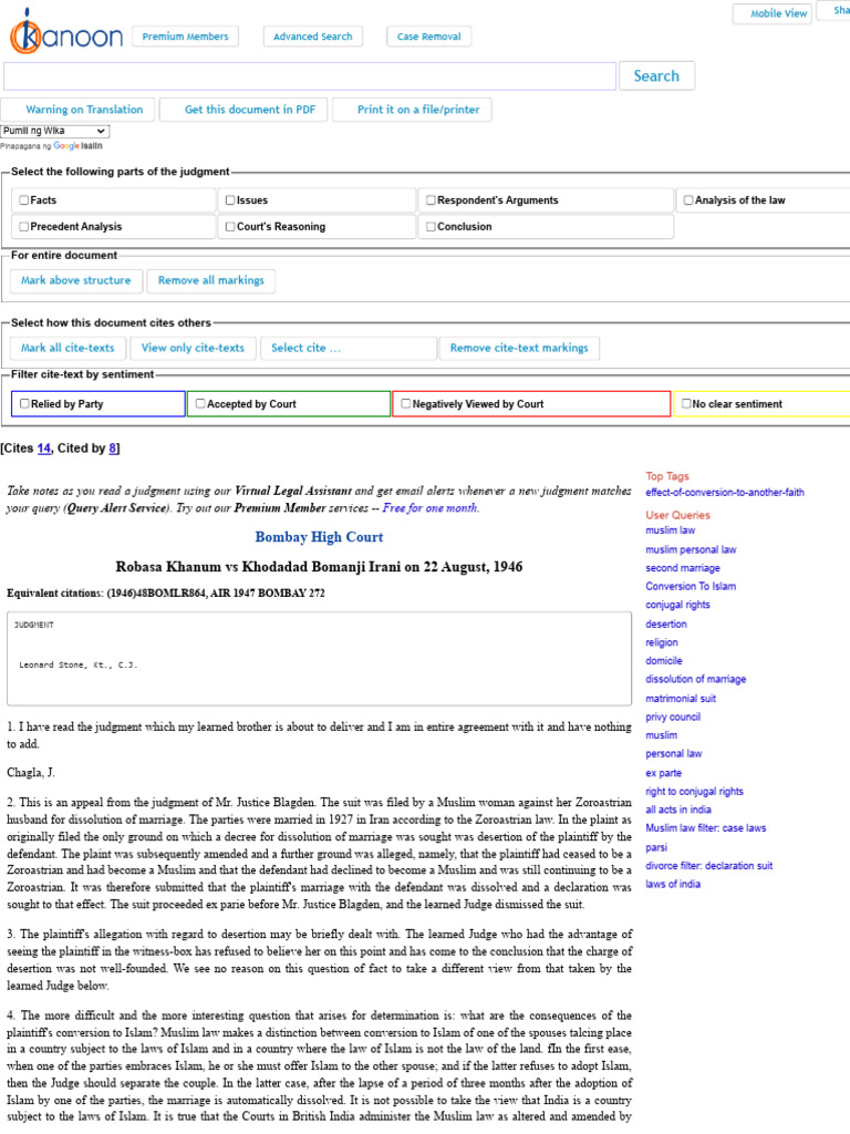 Robasa Khanum Vs Khodadad Bomanji Irani On 22 August, 1946 | PDF ...