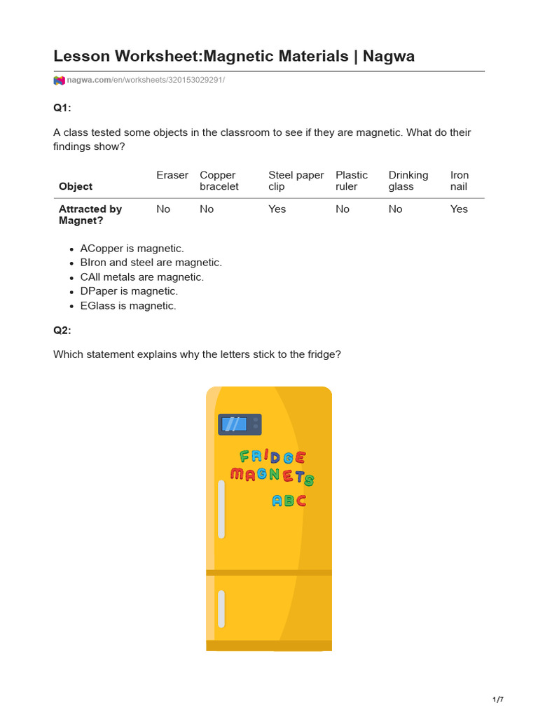 Magnetic vs Non-Magnetic Materials Worksheet | PDF | Magnetism | Magnet