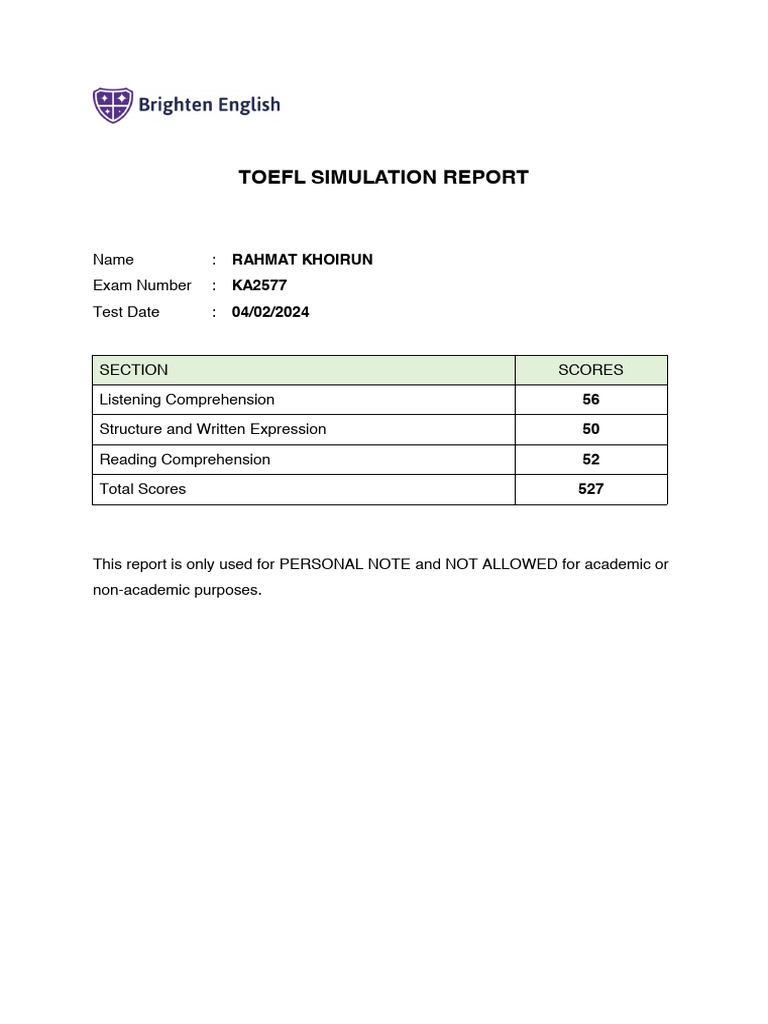 TOEFL Simulation Score Report | PDF