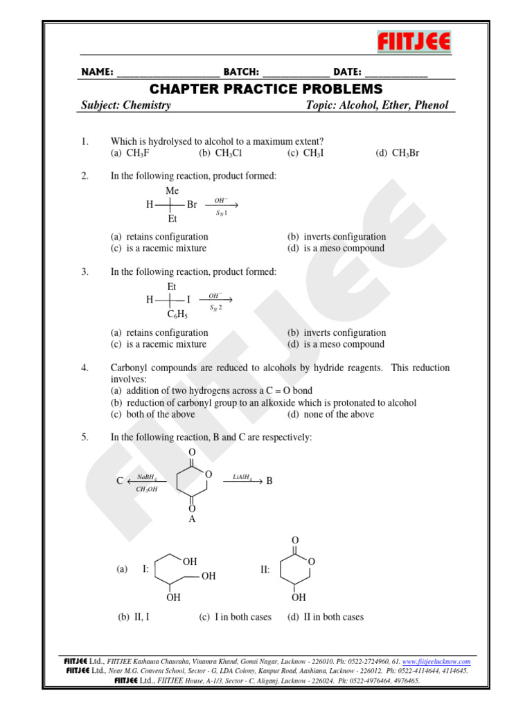 Chemistry Practice Problems: Alcohols, Ethers, Phenols | PDF | Redox ...
