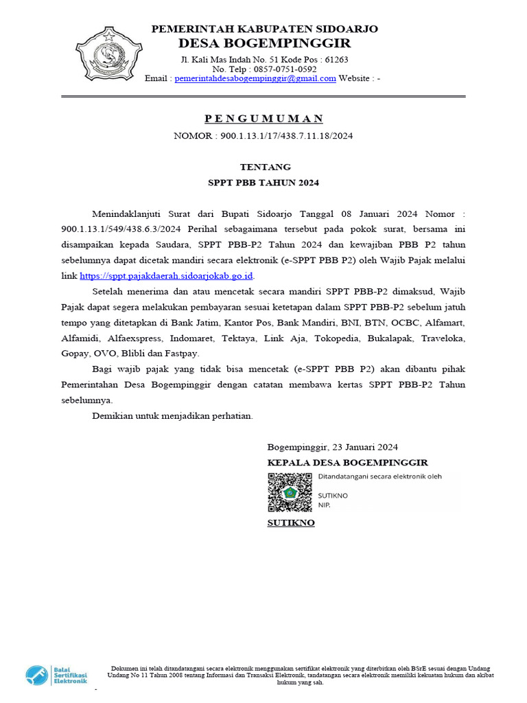 Pengumuman SPPT PBB Tahun 2024 | PDF