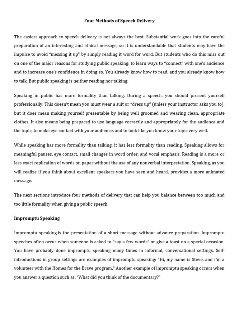 Four Methods of Speech Delivery | PDF | Speech | Public Speaking