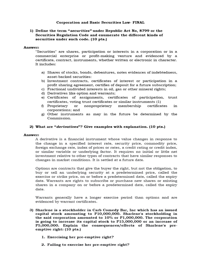 Corporation and Securities Law Overview | PDF | Securities (Finance ...