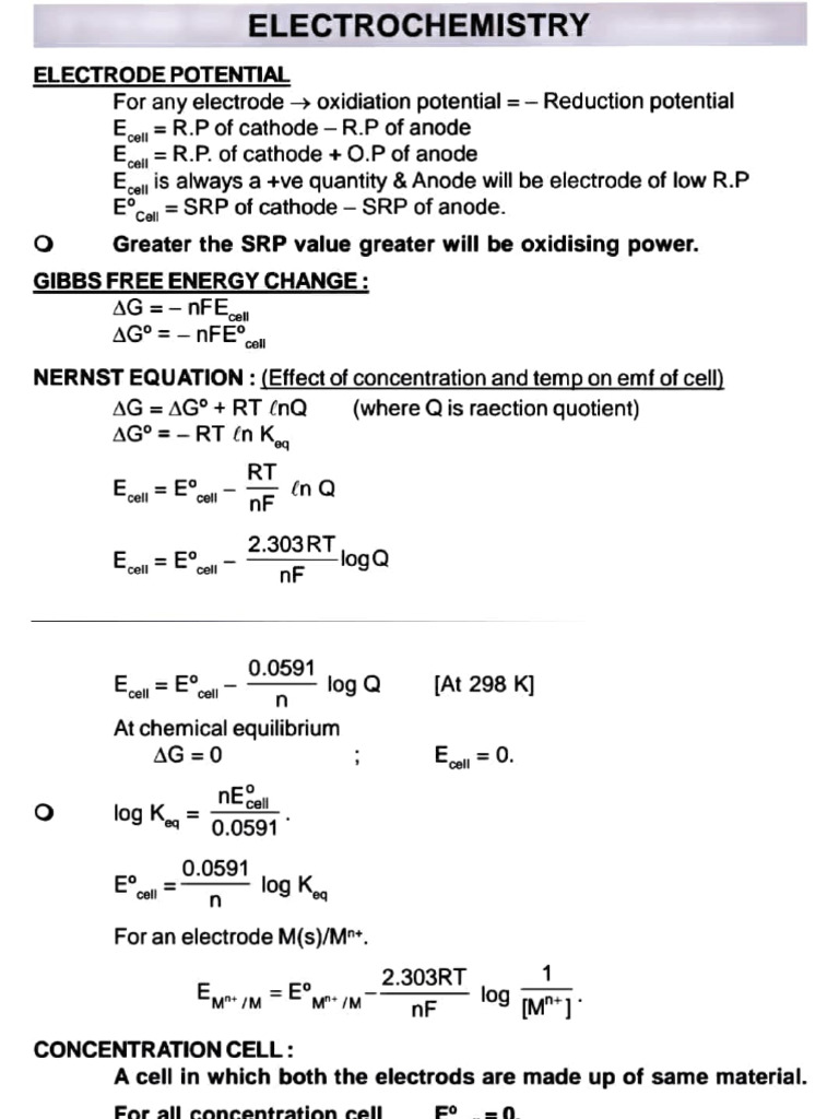 Electrochemistry Formulas | Download Free PDF | Electrochemistry | Physical Chemistry