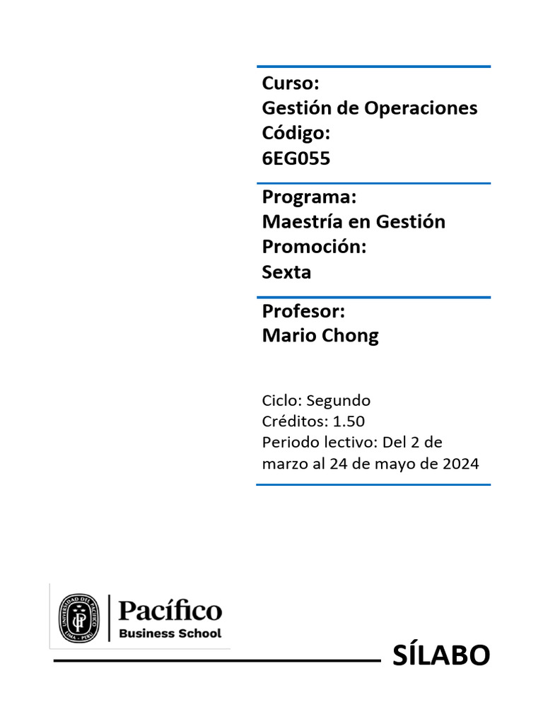 MGES06 - Sílabo Gestión de Operaciones - Mario Chong | PDF | Economias | Business
