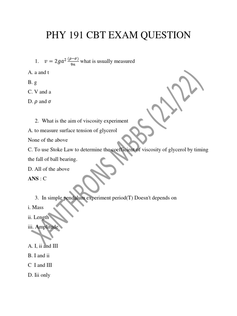PHY 191 Exam Questions and Answers | PDF | Force | Viscosity